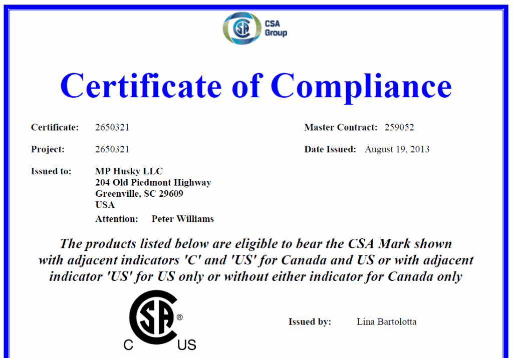 UL CSA Certificates | MP Husky
